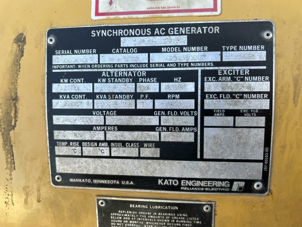 Kato Generator End, 2000 kW, 13200 Volt, Low Hours, Standby used only ...