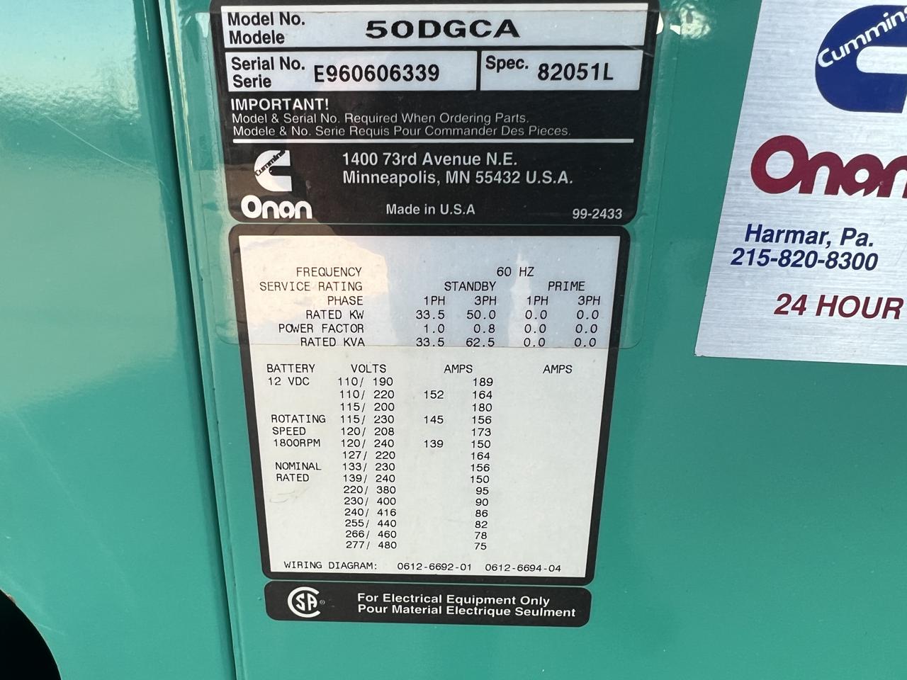 __50 kW Cummins/Onan Generator, 4BT 3.9 Liter Cummins Engine, Year ...