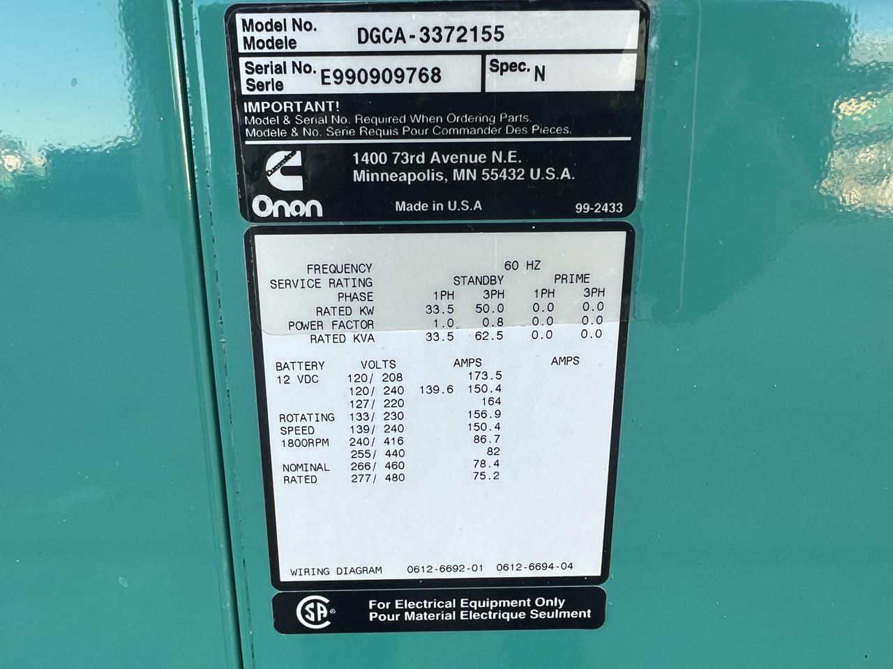 __50 kW Cummins/Onan Gen Set, 4BT-3.9 Liter Engine, Year – 1999, 1078 Hours
