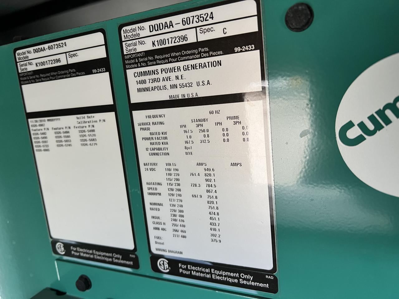 _250 kW Cummins/Onan GenSet, with Sound Proof Enclosure and Base Fuel ...